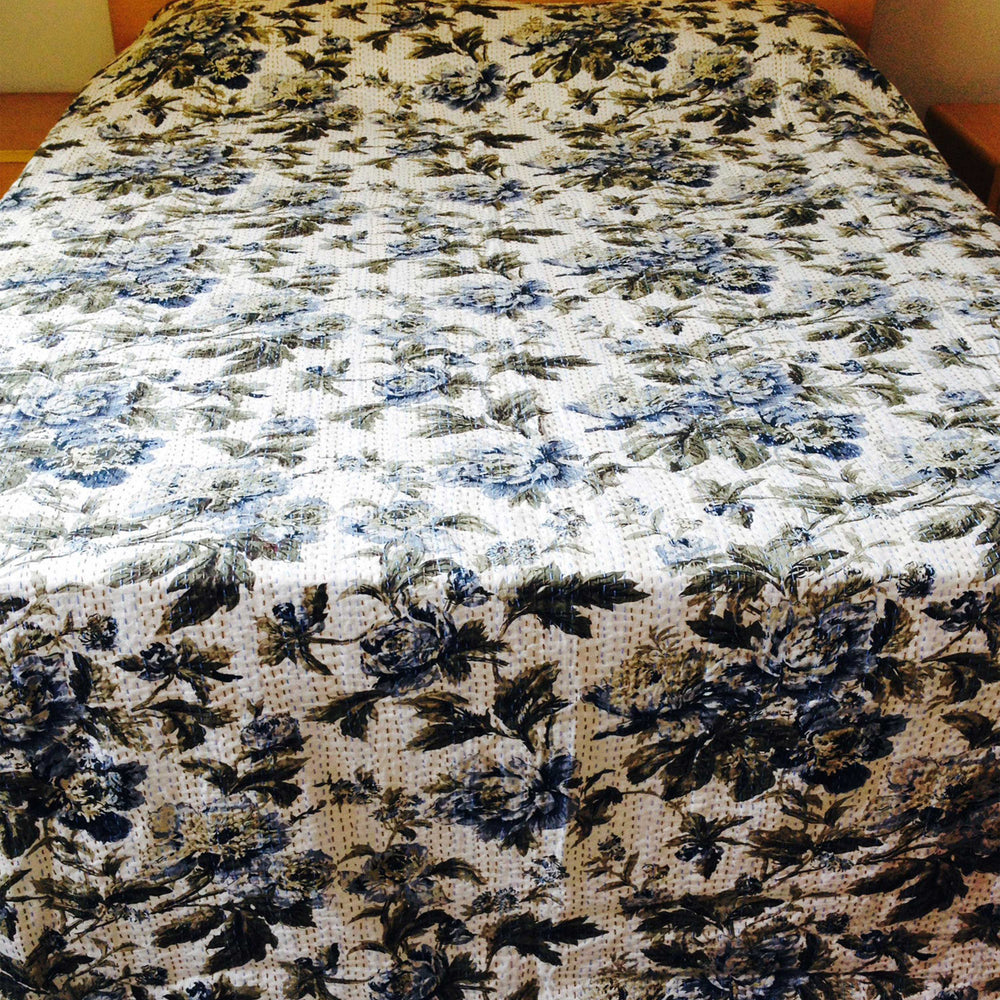 Shop online for handcrafted white cotton floral printed bedspreads.