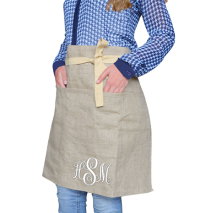 Personalized Half Apron, Custom Burlap Pocket Apron, Bistro Apron, Mon