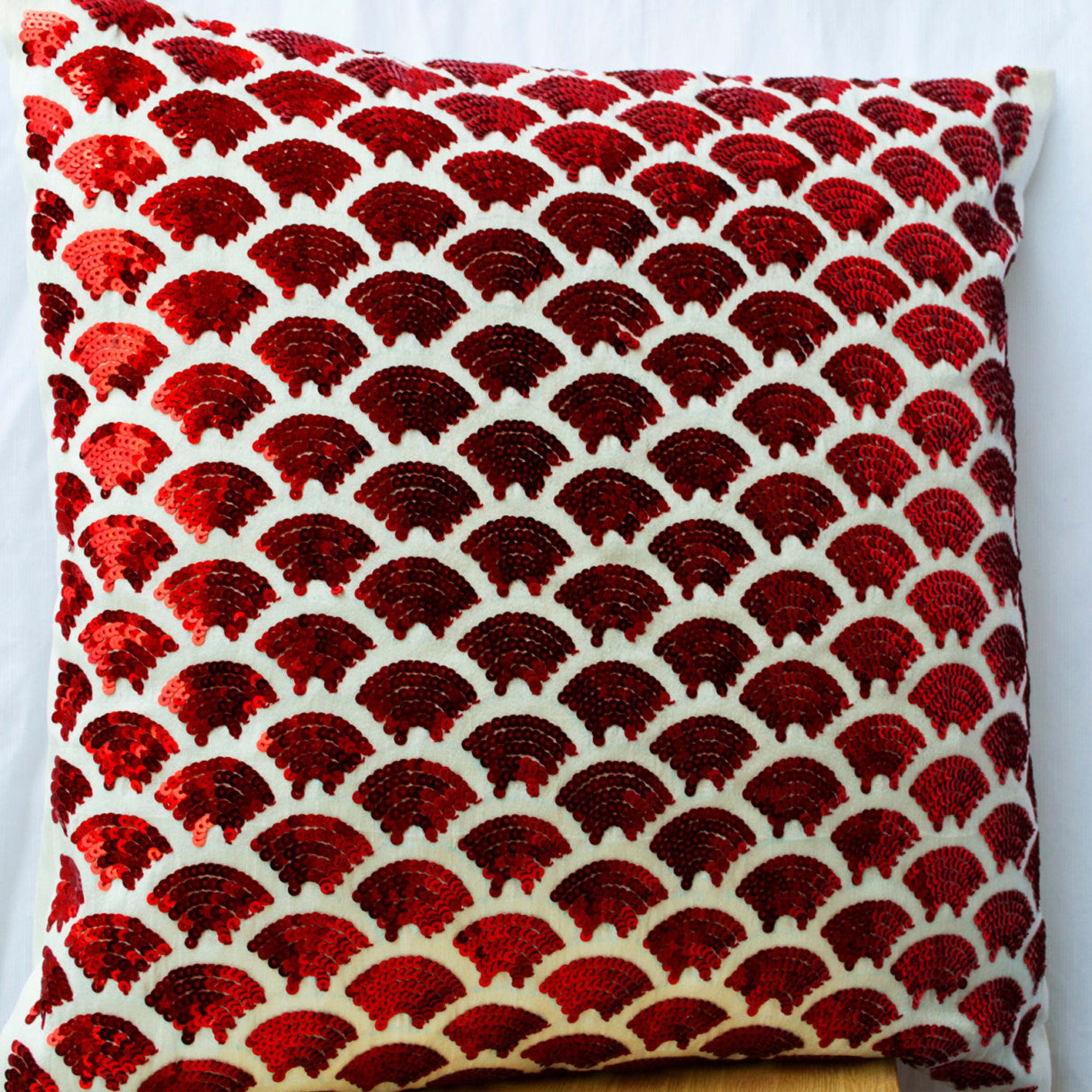 Shop for handmade red throw pillow with sequin and sashiko embroidery