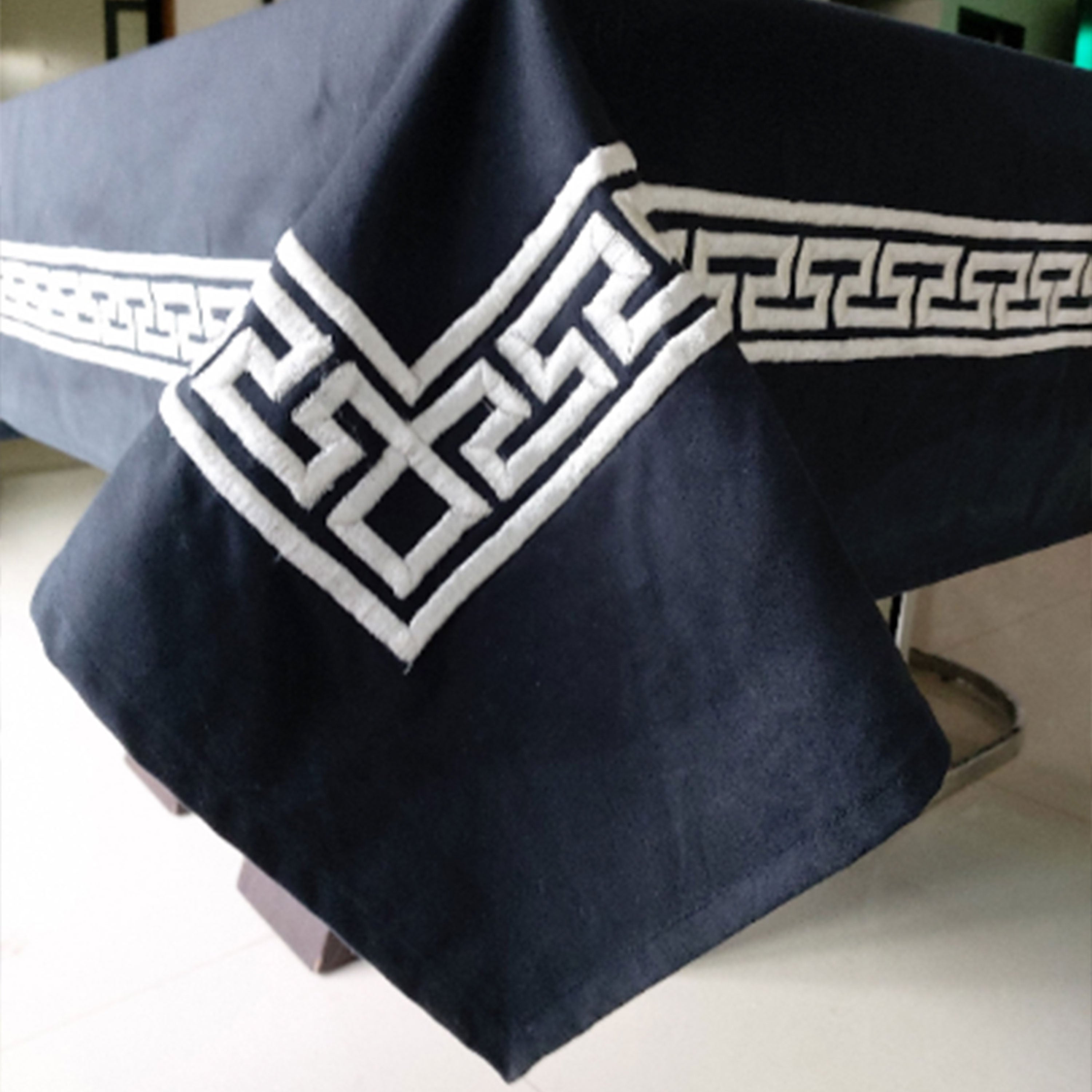 Table Cloth, Navy Blue Cotton Table Linen, Gray Greek Key Embroidery,