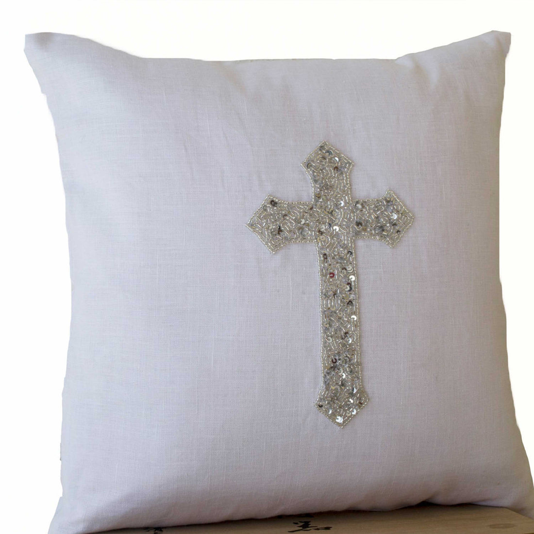 Shop online for handmade white linen pillow with silver cross