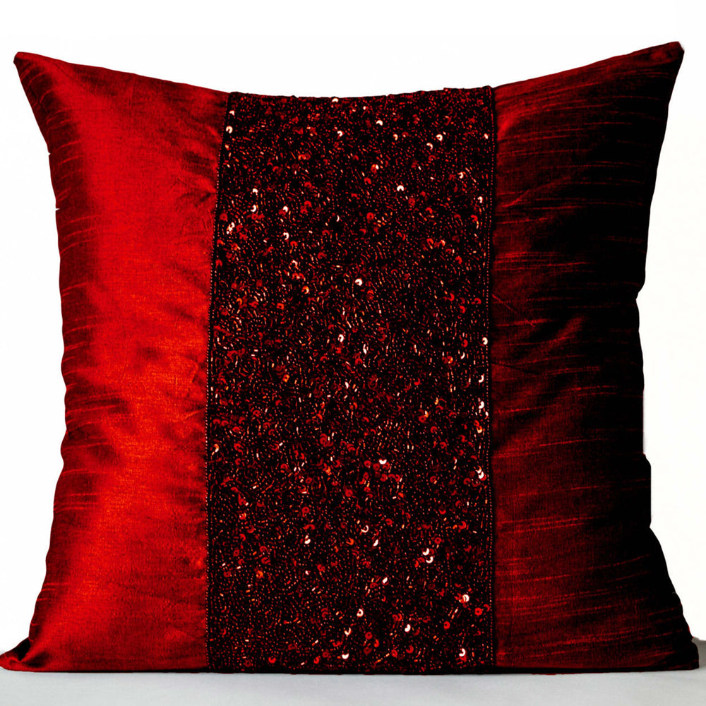 Handmade red silk metallic sparkle pillow cover with beaded embroidery