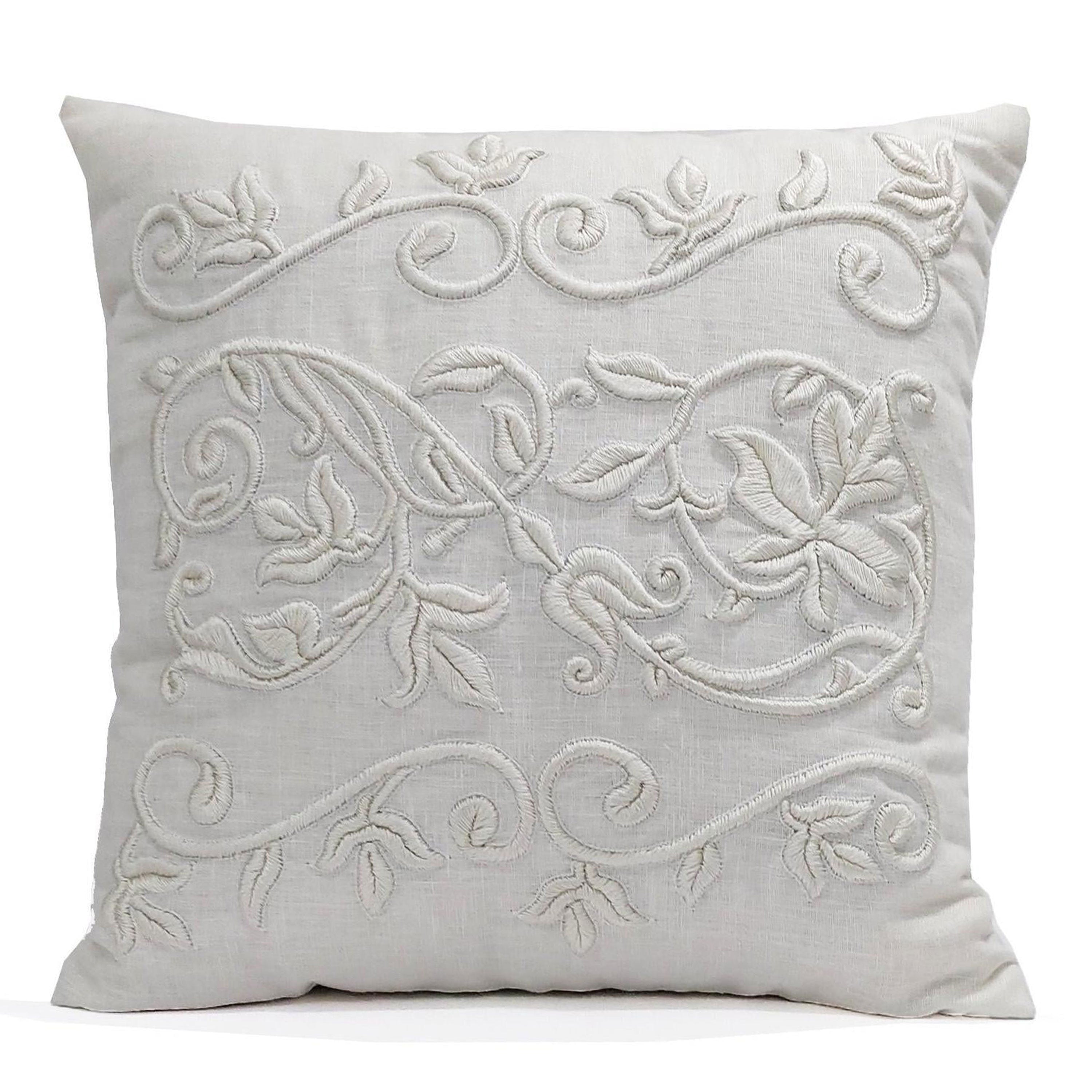 Scroll Embroidery Pillow Cover, White Linen Pillow Cover