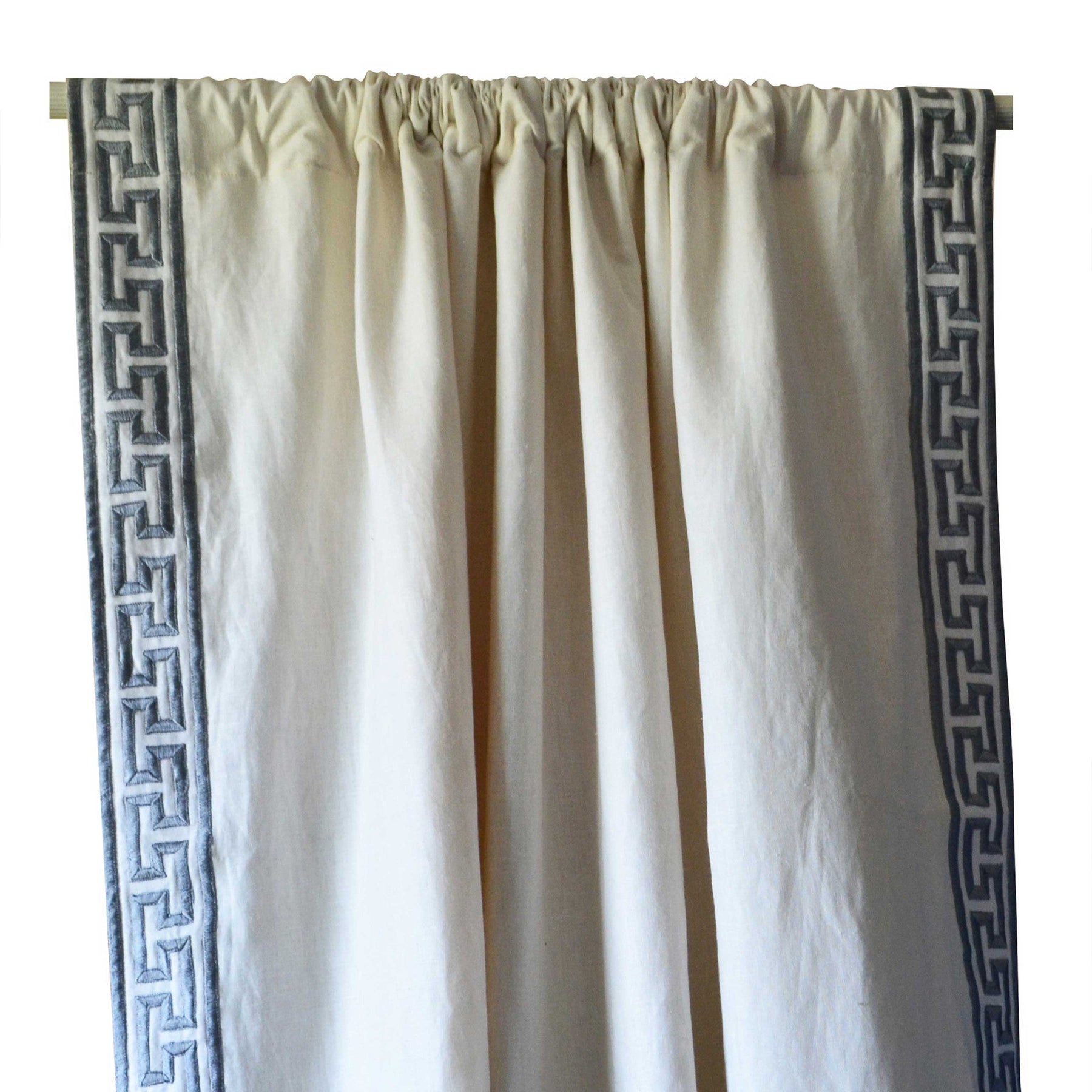 Buy customizable Greek key embroidered linen curtains and drapes.