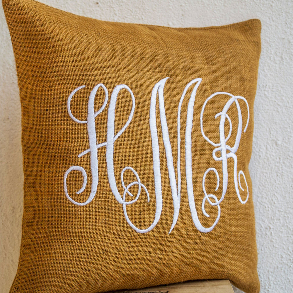 Shop for handmade burlap mustard throw pillow with custom monogram