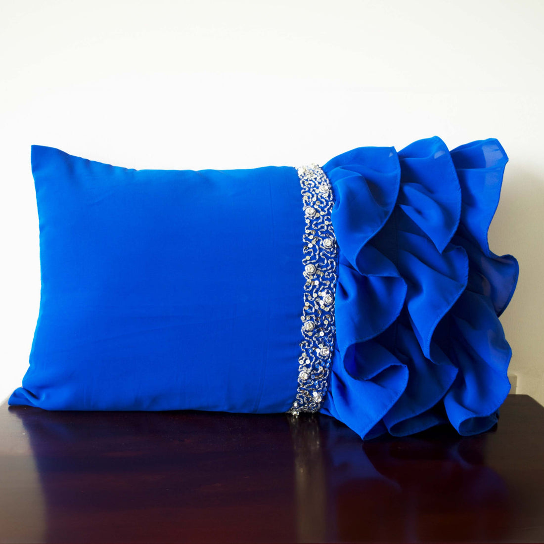 Shop online for handmade blue throw pillow with ruffles and beads