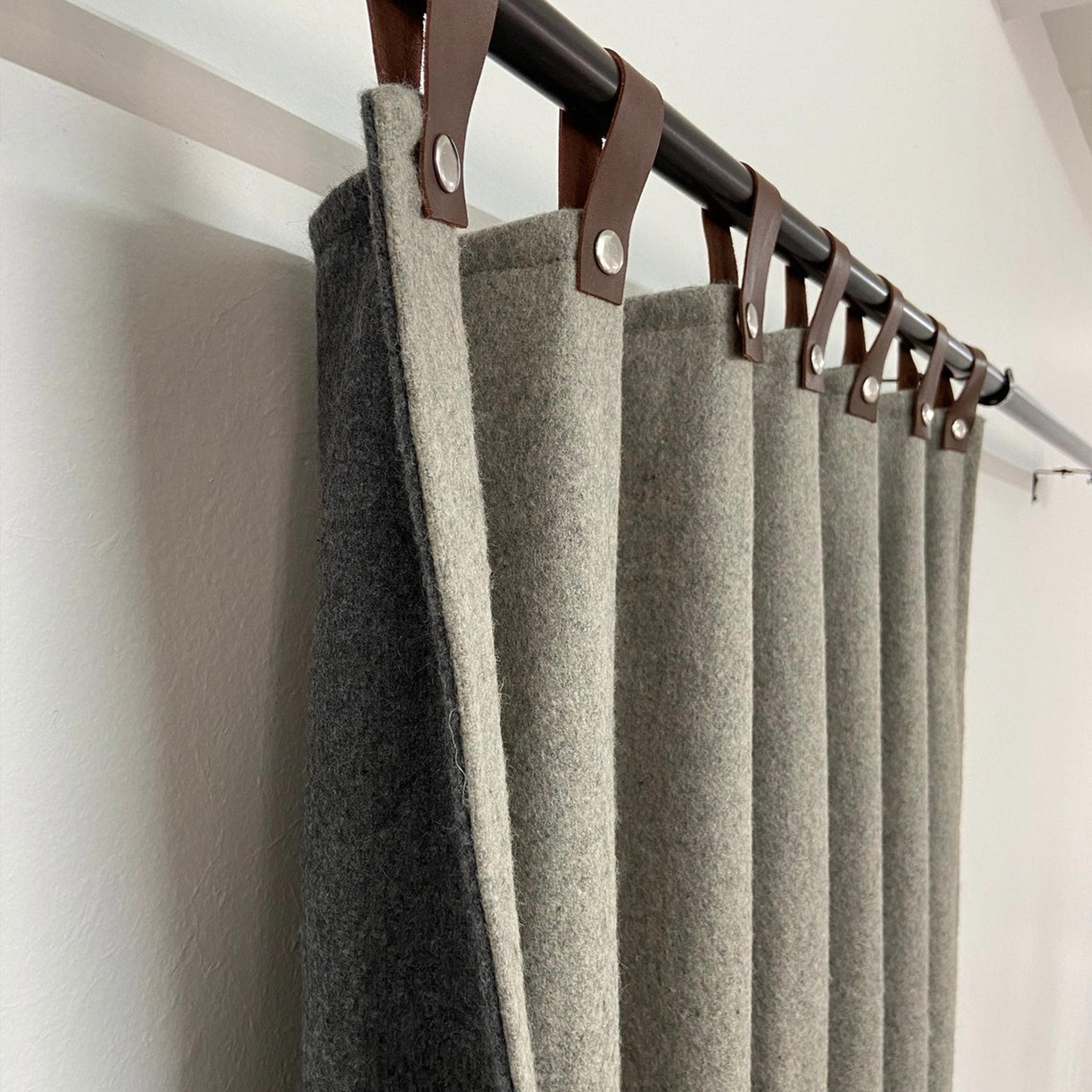 Double layer wool curtain with leather tabs and snap button