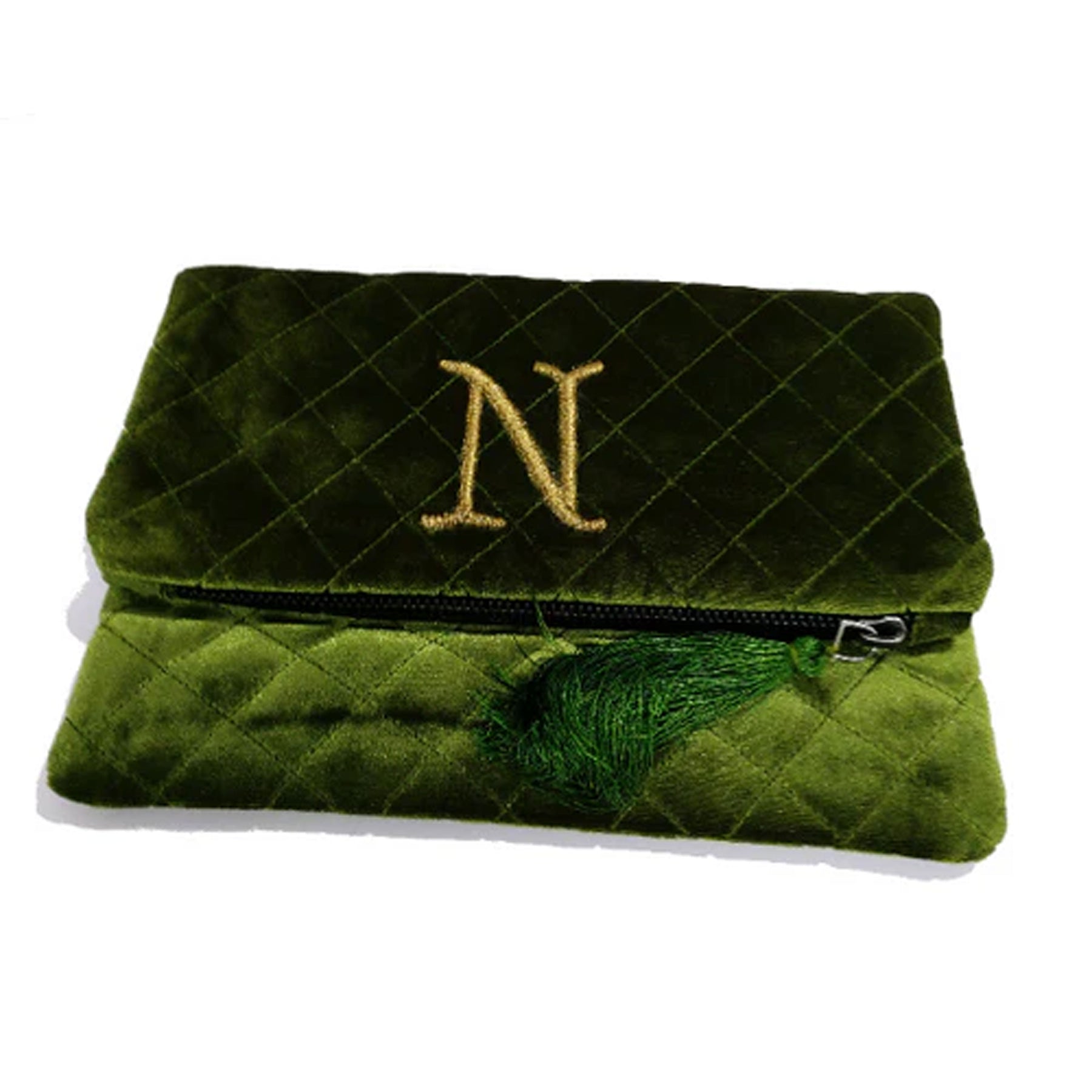 Olive Green Velvet Monogram Purse, Personalized Gift, Evening Handbag