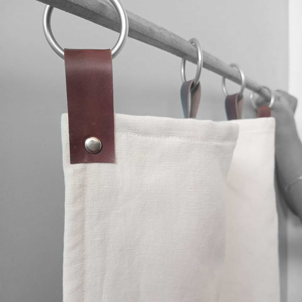 Ivory Linen Curtains & Drapes With Leather Tab, Blackout Curtains