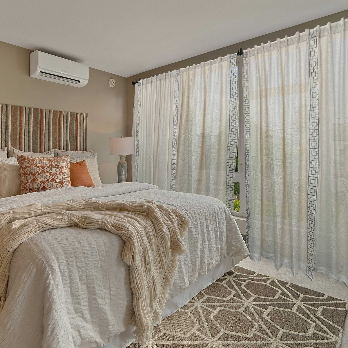 Shop for Bespoke Linen Curtain Drape In Lattice Embroidery Ships Free