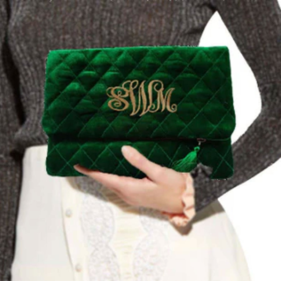 Olive Green Velvet Monogram Purse, Personalized Gift, Evening Handbag
