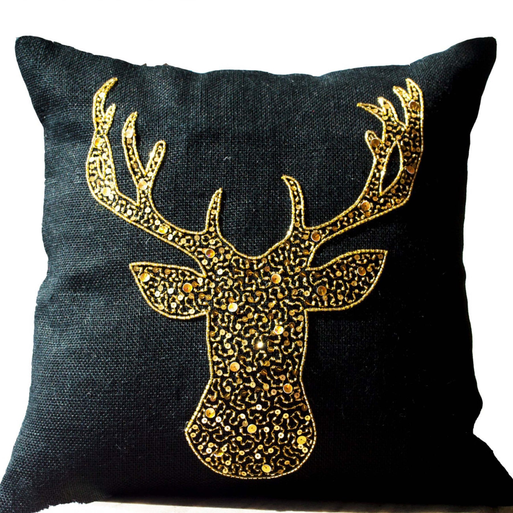Buy deer throw pillows embroidered with gold sequins on black burlap