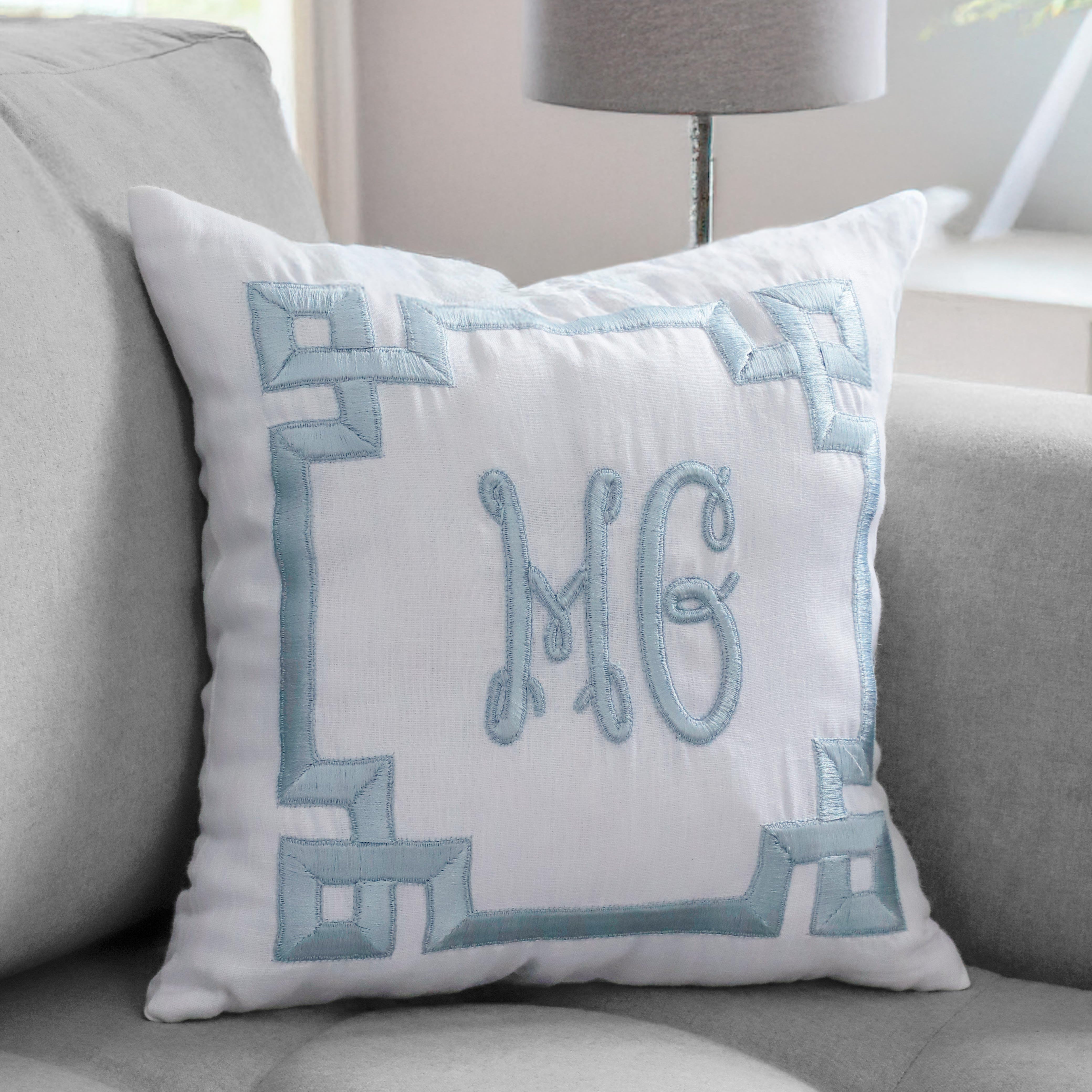 Monogrammed Greek Key Linen Pillow Case | Amore Beauté | Nursery Gift