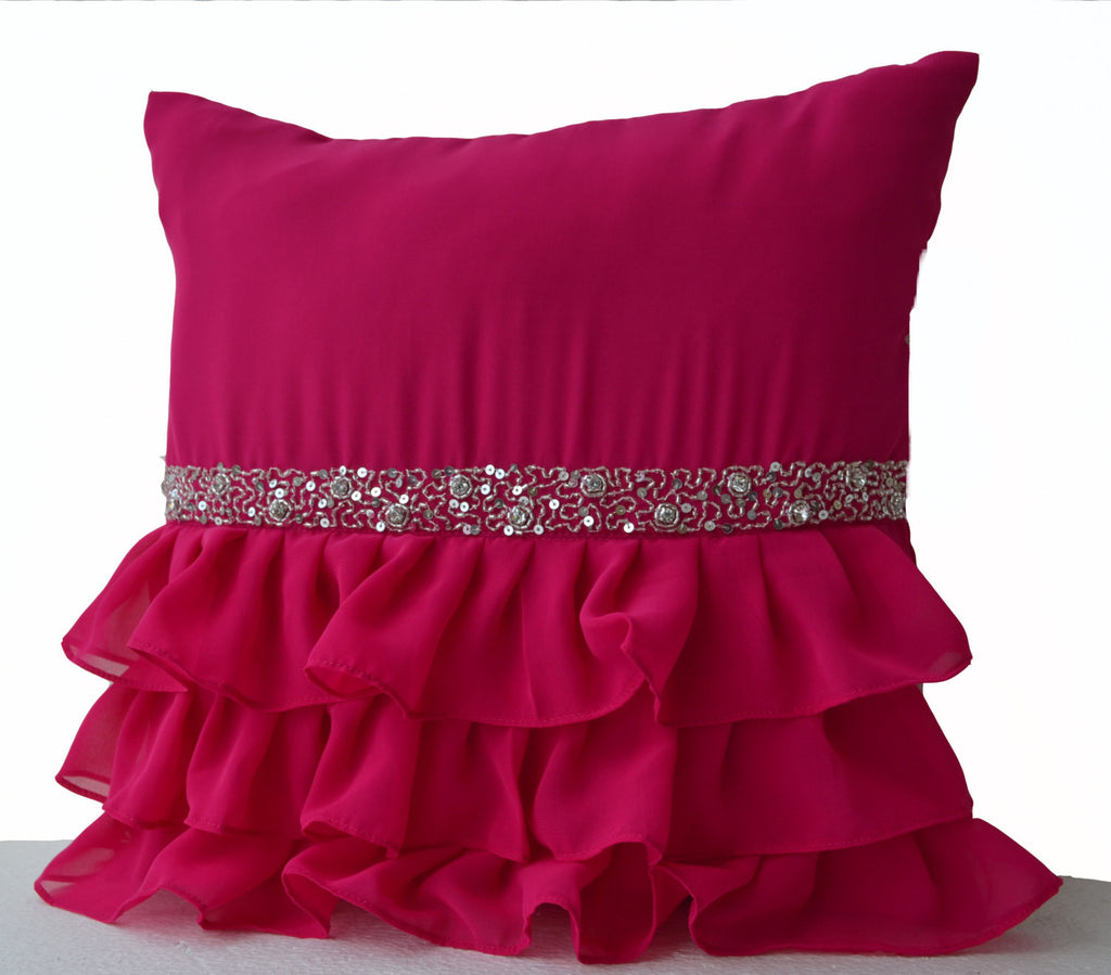 Shop online for handmade hot pink throw pillow with ruffles and sequin ...